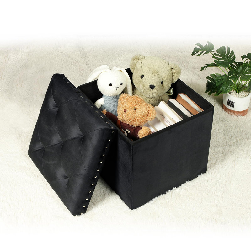 Mercer41 Black Folding Storage Ottoman Cube Small Velvet Tuffed Foot Rest Stool With Rivet Design Wayfair Canada